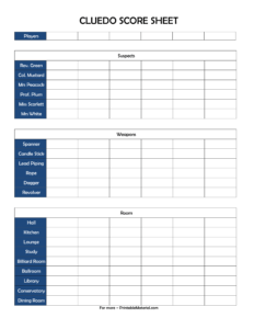 Printable Cluedo Score Sheets PDF