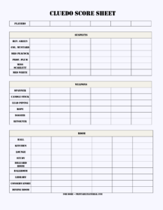 Printable Cluedo Score Sheets PDF