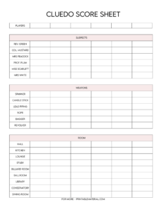 Printable Cluedo Score Sheets PDF