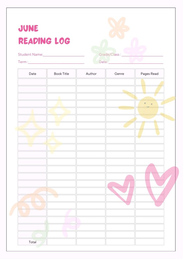 June Reading Log Template Printable