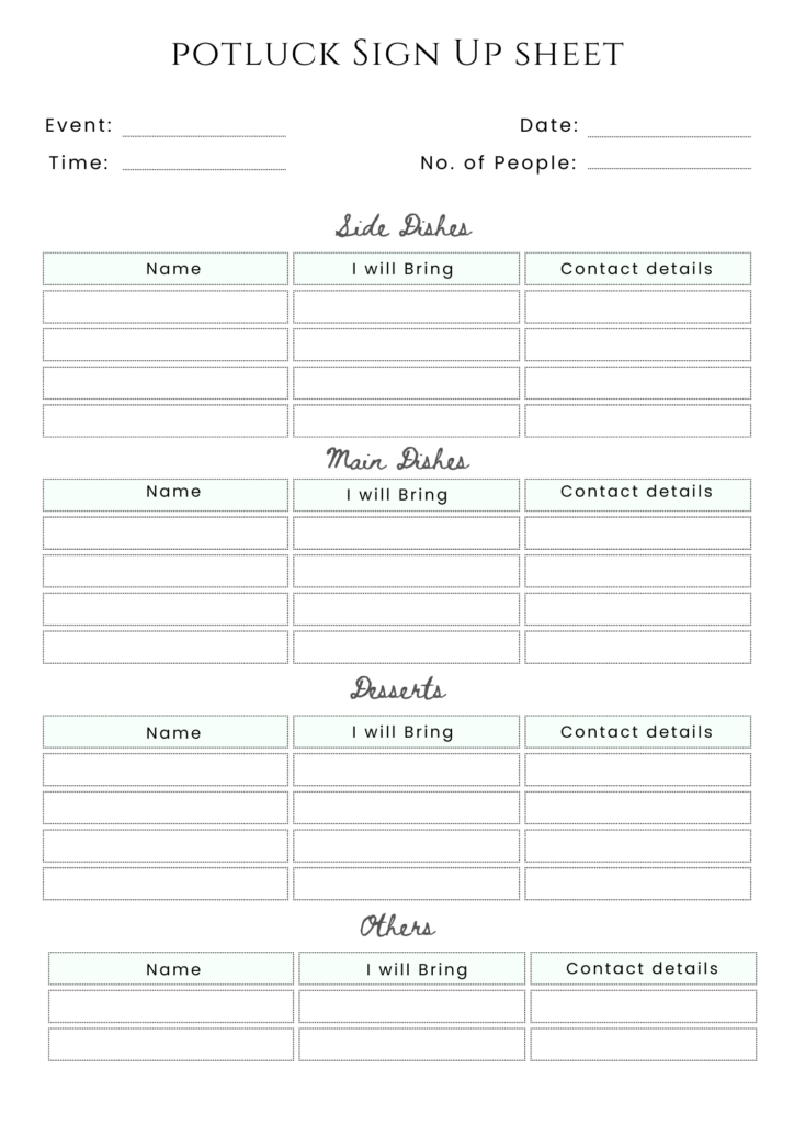Sign Up Sheet Template for Potluck - Free Printable PDF