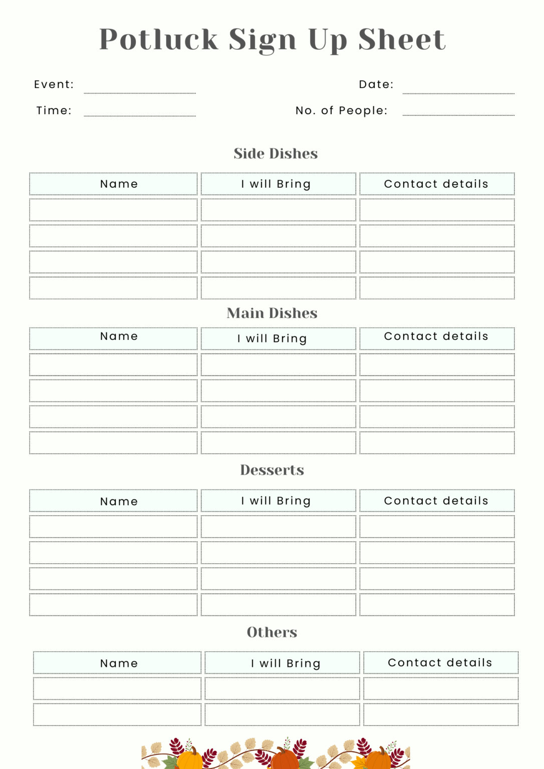 Sign Up Sheet Template for Potluck - Free Printable PDF