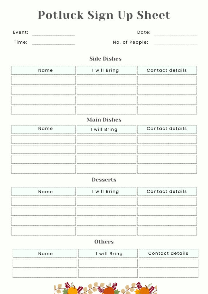 Sign Up Sheet Template for Potluck - Free Printable PDF