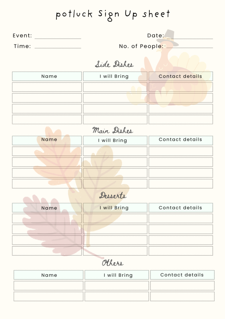 Sign Up Sheet Template for Potluck - Free Printable PDF