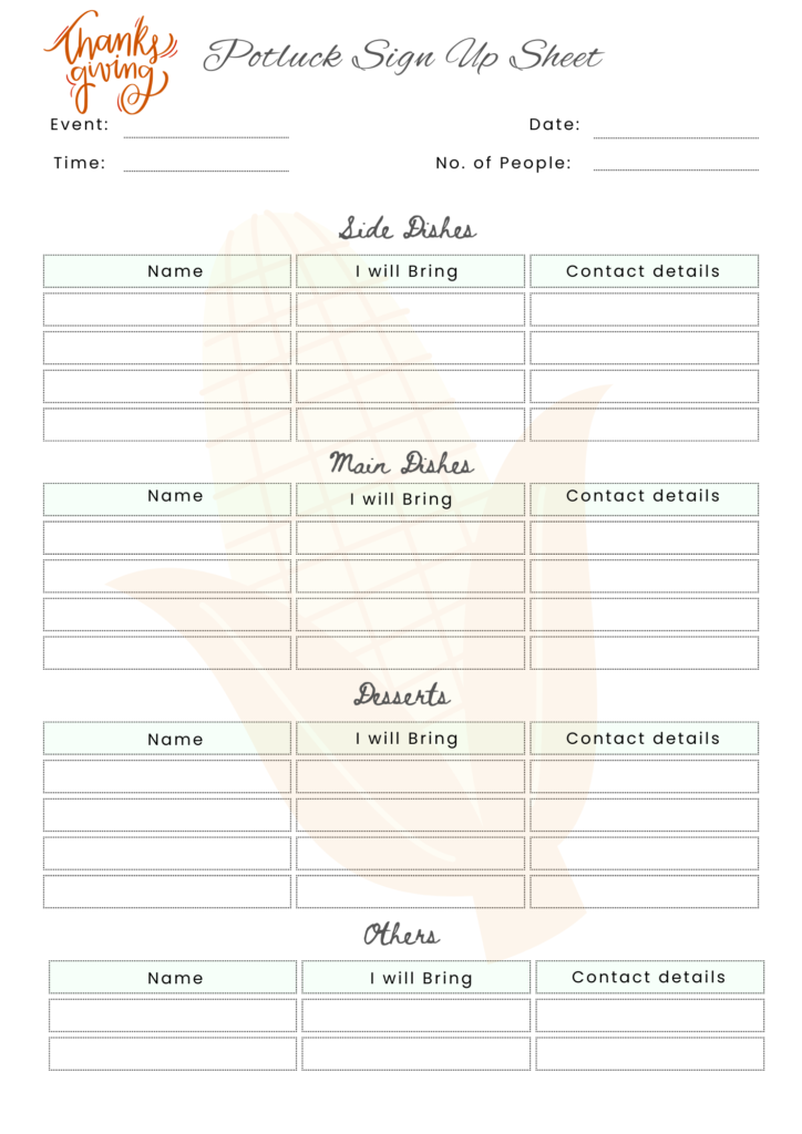 Sign Up Sheet Template for Potluck - Free Printable PDF