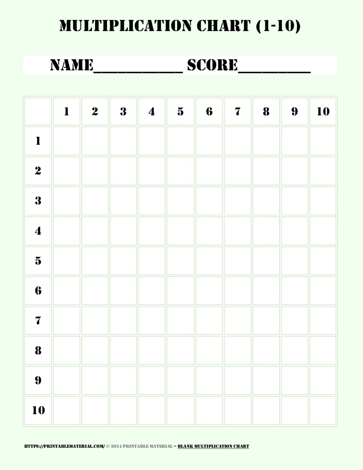 Blank Multiplication Charts (Times Table Worksheets) Printable