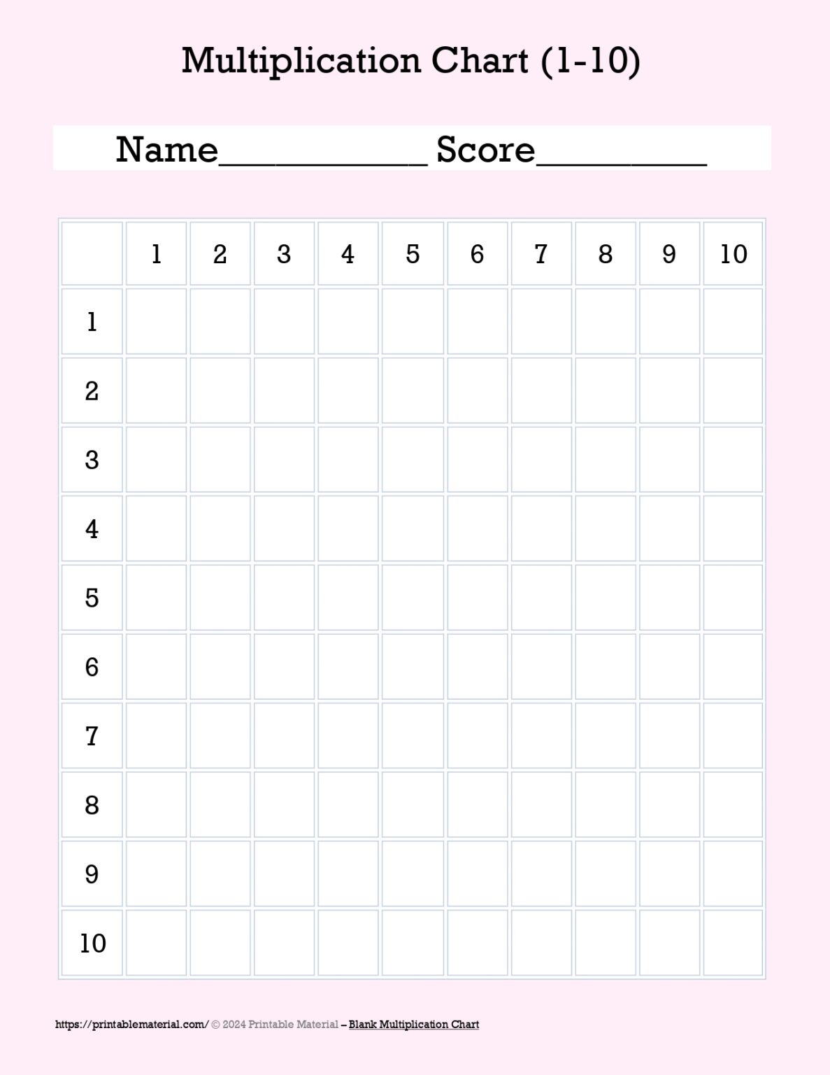 Blank Multiplication Charts (Times Table Worksheets) Printable