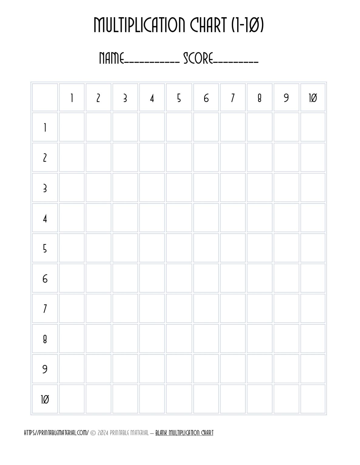 Blank Multiplication Charts (Times Table Worksheets) Printable