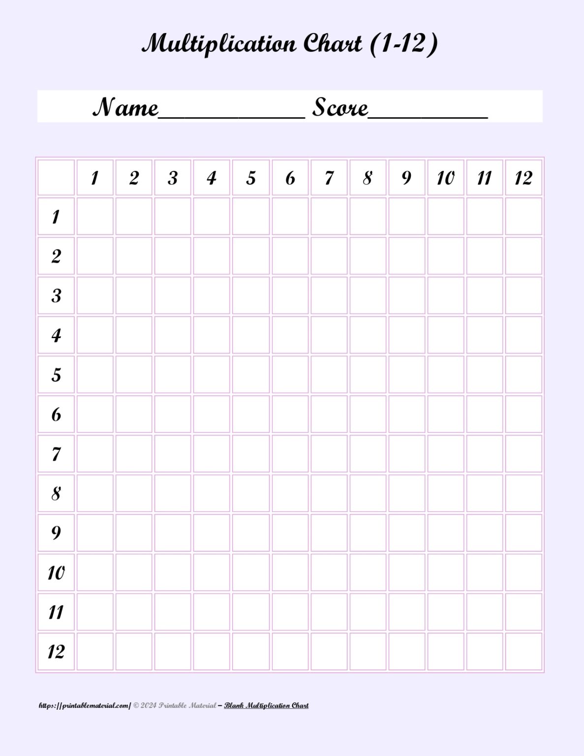 Blank Multiplication Charts (Times Table Worksheets) Printable