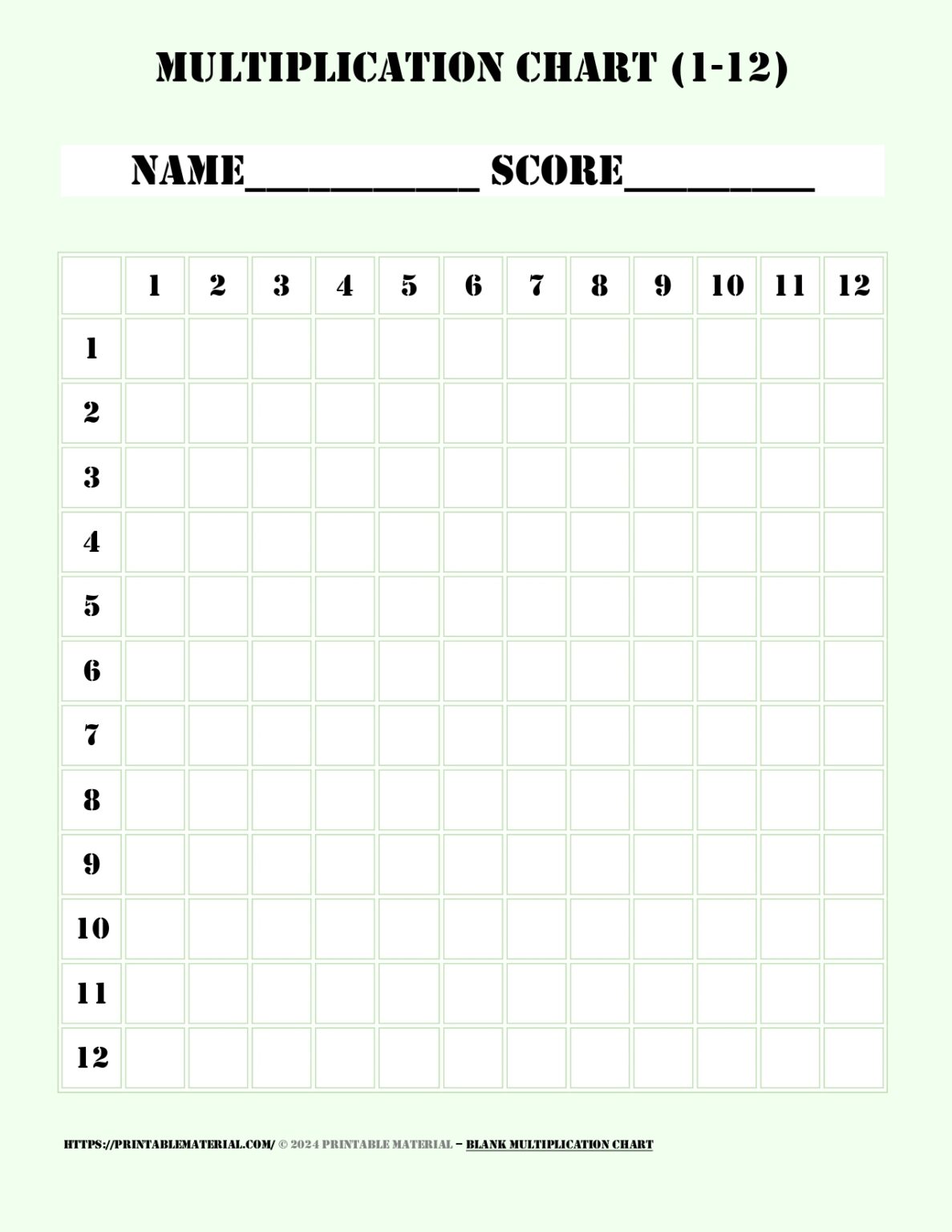 Blank Multiplication Charts (Times Table Worksheets) Printable