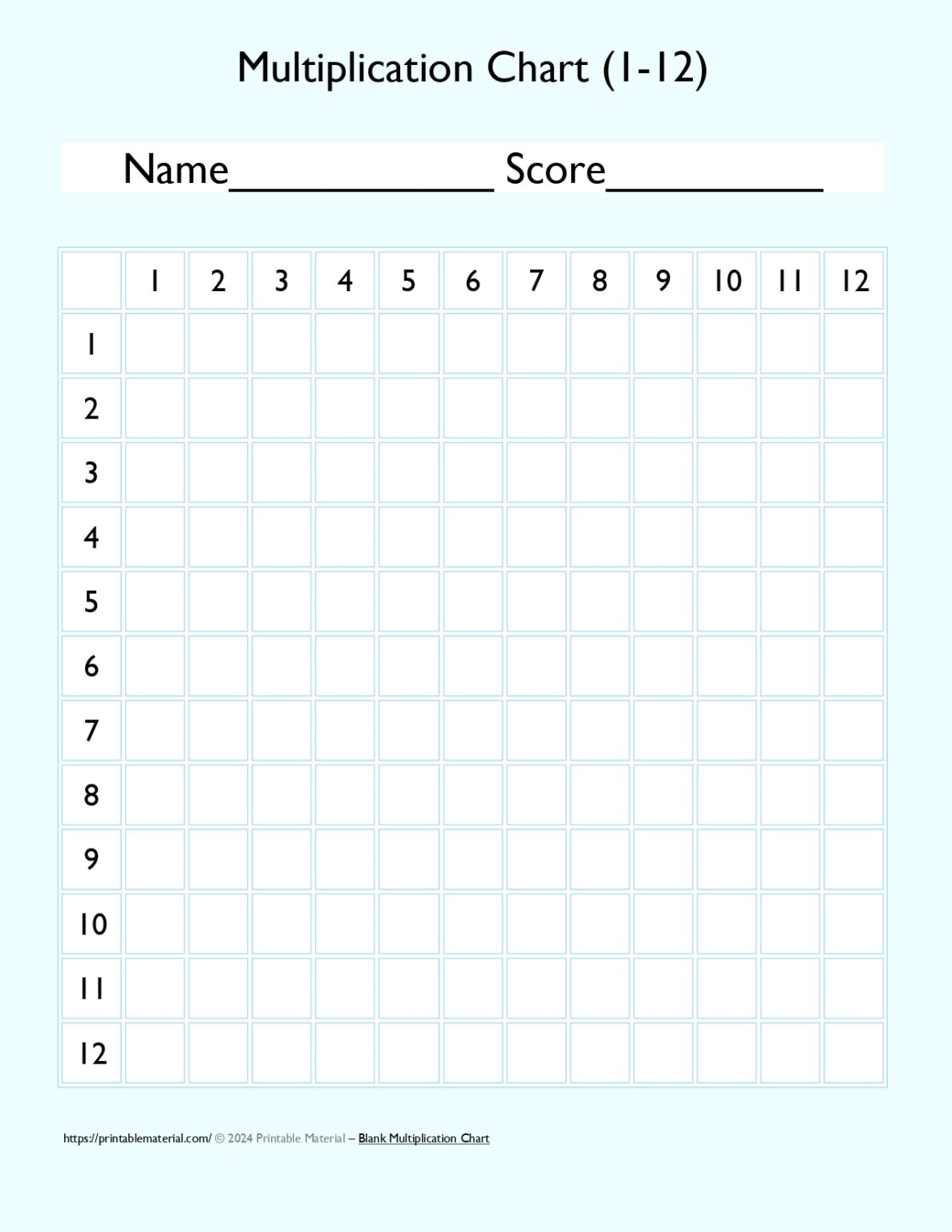 Blank Multiplication Charts (Times Table Worksheets) Printable