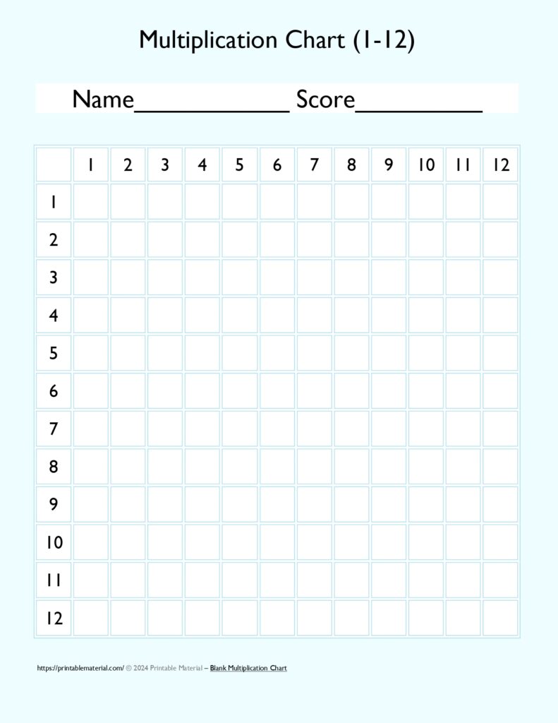 Blank Multiplication Charts (Times Table Worksheets) Printable