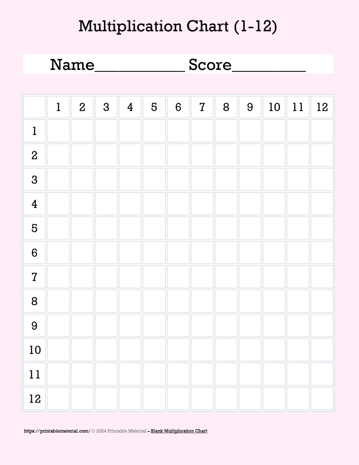 Blank Multiplication Charts (Times Table Worksheets) Printable