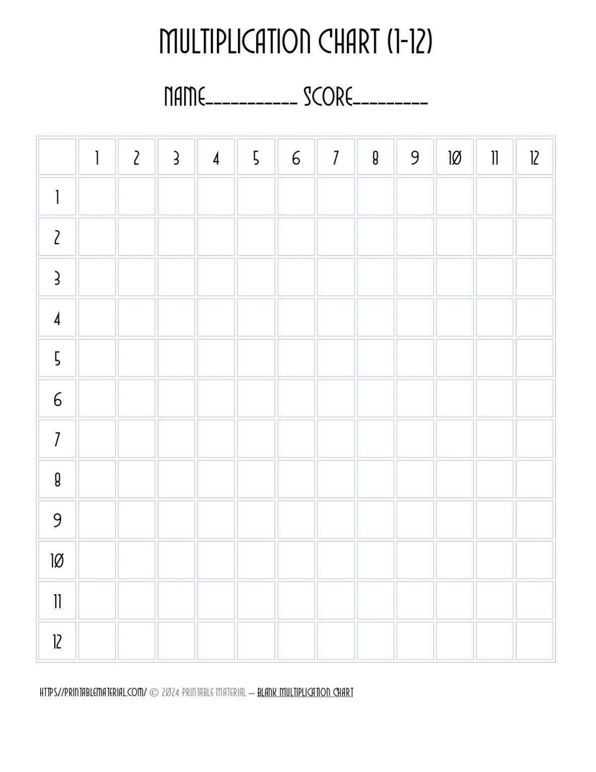 Blank Multiplication Charts (Times Table Worksheets) Printable