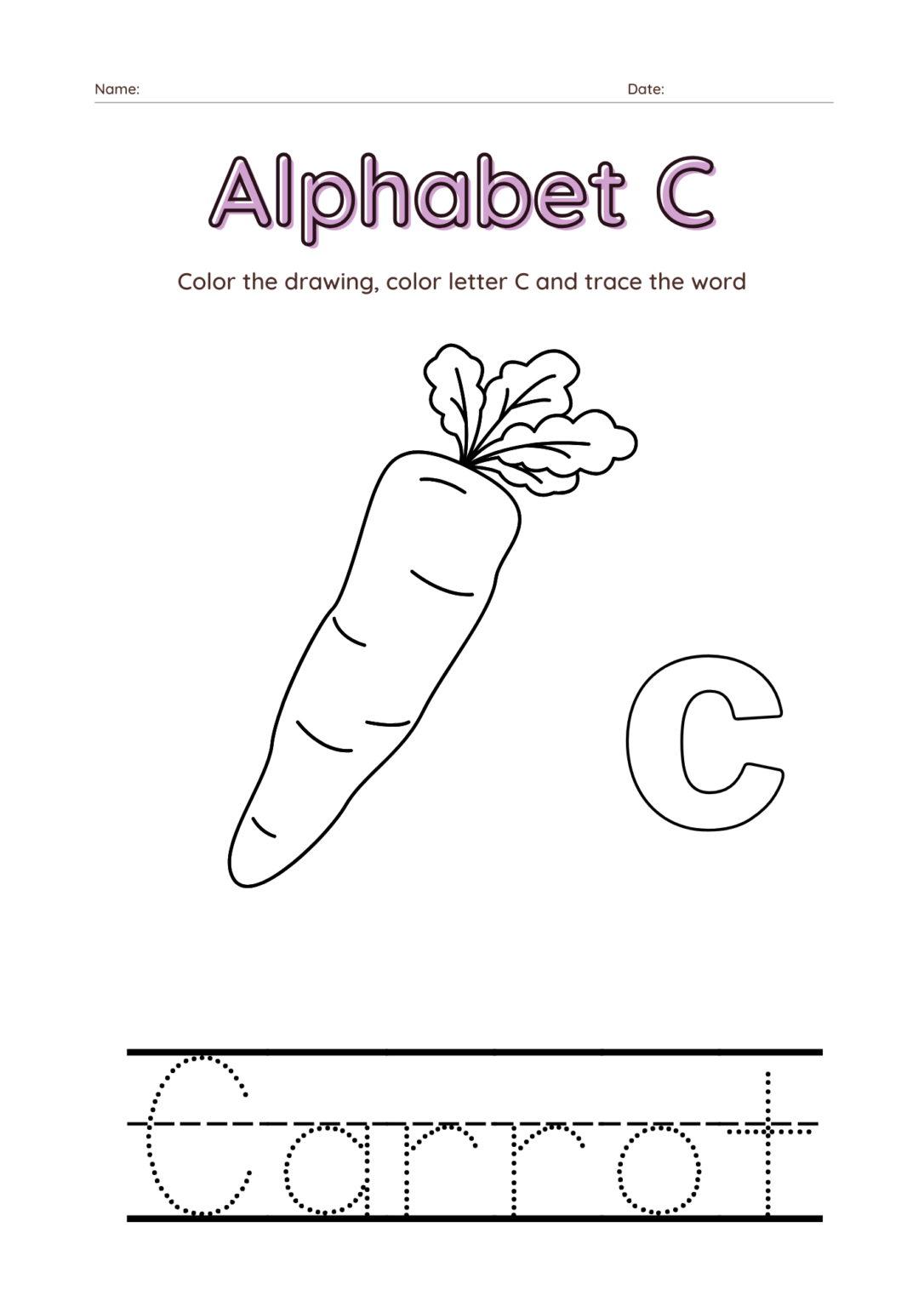 Letter C Coloring and Tracing Sheets Printable PDF