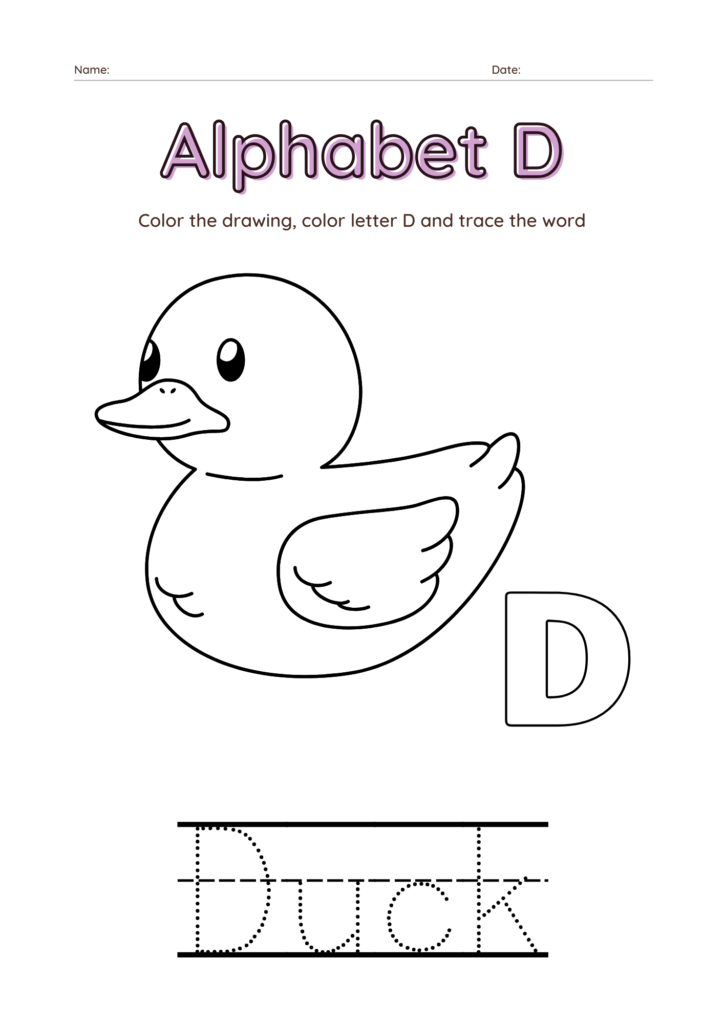 Letter D Coloring and Tracing Sheets Printable PDF